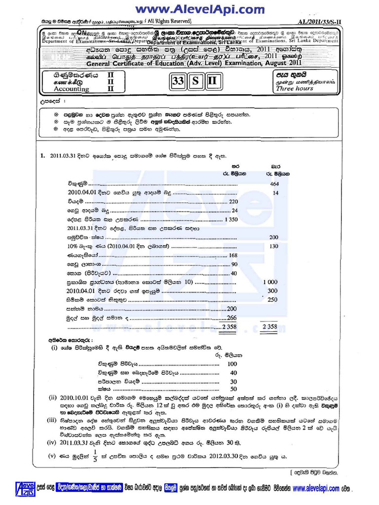 2011 Al Accounting Part II Paper Sinhala Medium Alevelapi PDF | PDF