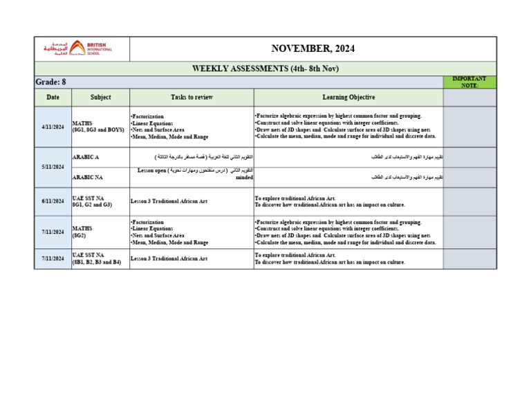 GR 8 Assmt Schedule (4th - 8th Nov) | PDF | Equations | Factorization
