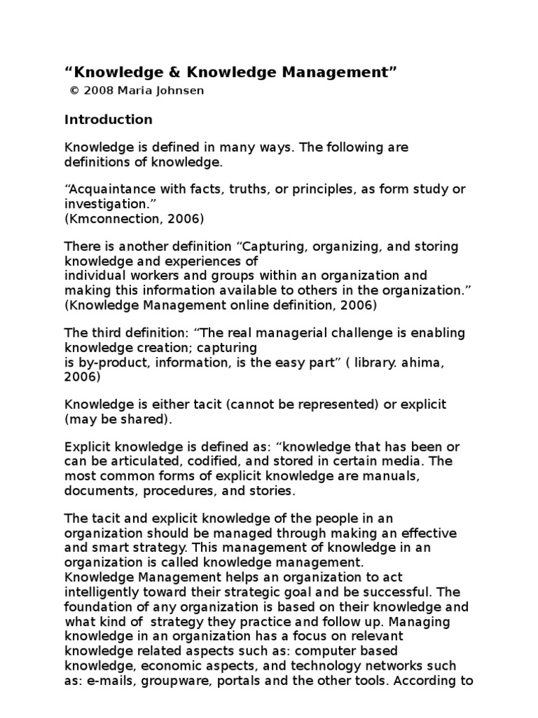 "Knowledge & Knowledge Management": © 2008 Maria Johnsen | PDF | Knowledge Management | Tacit ...