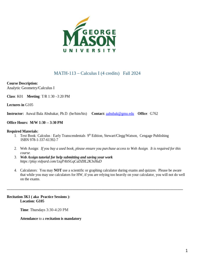 MATH 113: Calculus I Course Overview | PDF | Academic Dishonesty