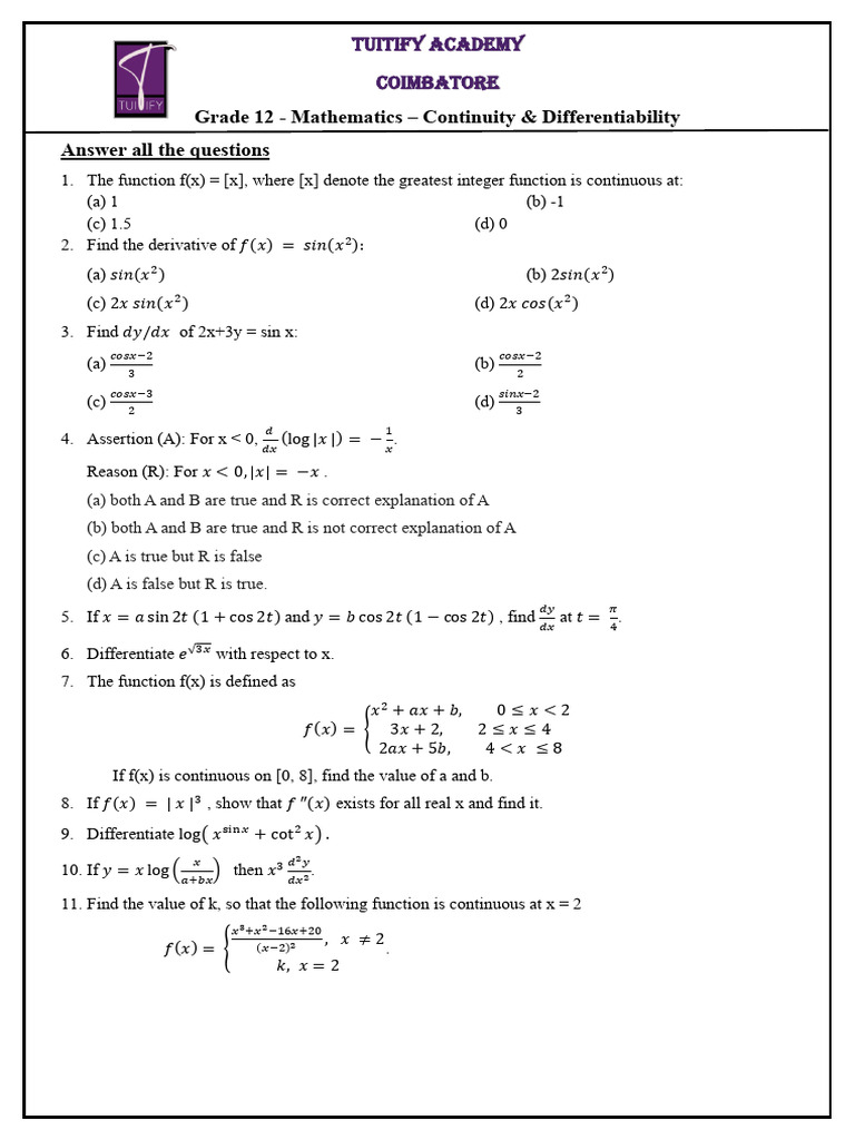 Grade 12 Math: Continuity & Differentiability | PDF | Function ...
