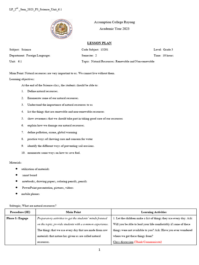 Grade 3 Science: Natural Resources Lesson Plan | PDF | Educational Assessment | Learning
