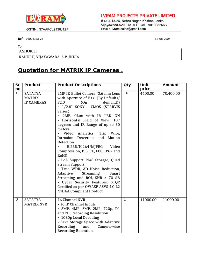 Quotation for MATRIX IP Cameras | PDF | Camera | Information And ...