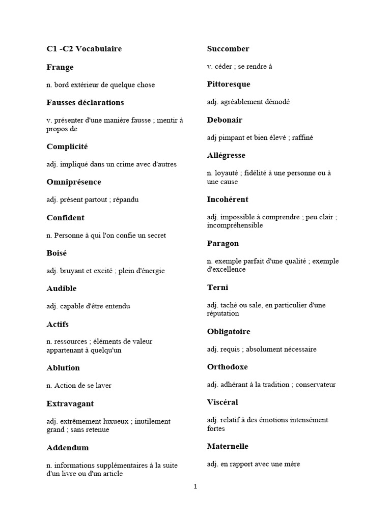 Liste de Vocabulaire C1 C2 | PDF