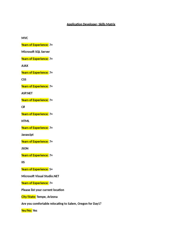 Application Developer-Skills Matrix | PDF | Computers