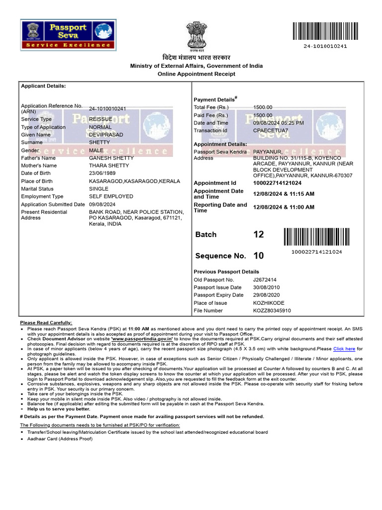 Appointment Receipt | PDF | Passport
