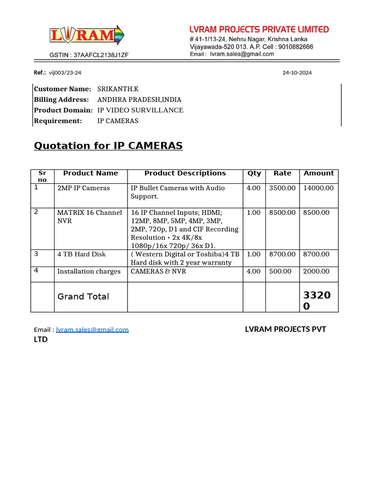 Srikanth.k 4 IP Cameras Quotation | PDF