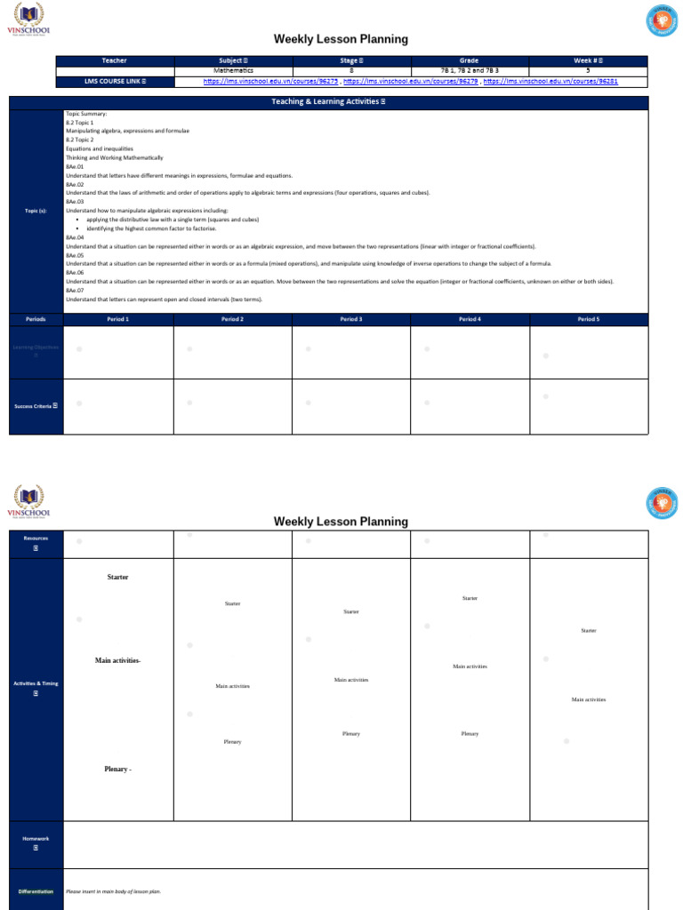Mathematics Lesson Plan Week 2 Stage 8 Cambridge 2024-2025 | PDF ...