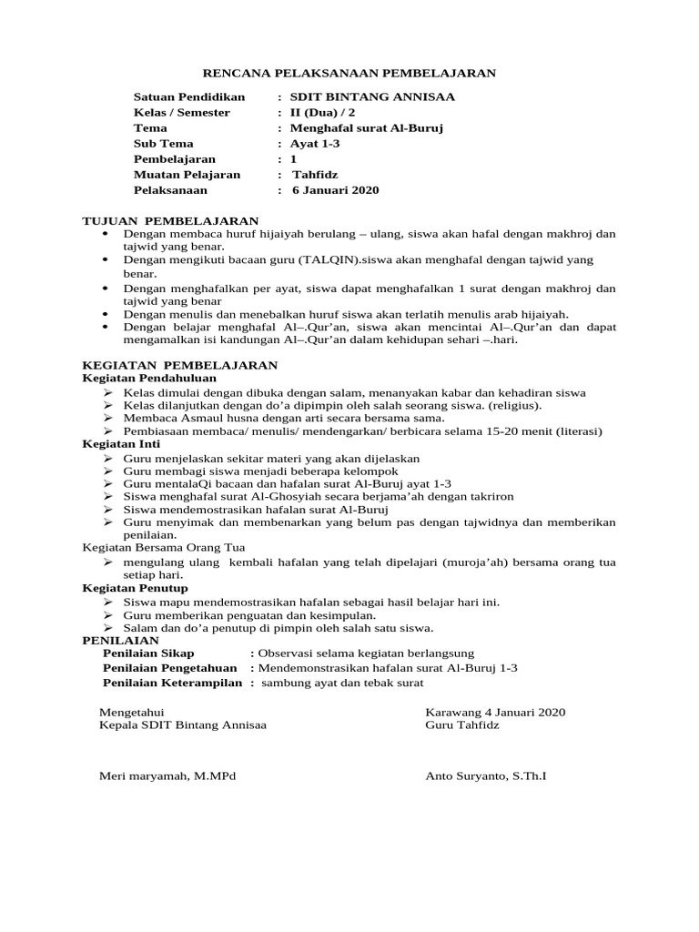 RPP Tahfidz SD Kelas 2 | PDF | Karier & Perkembangan