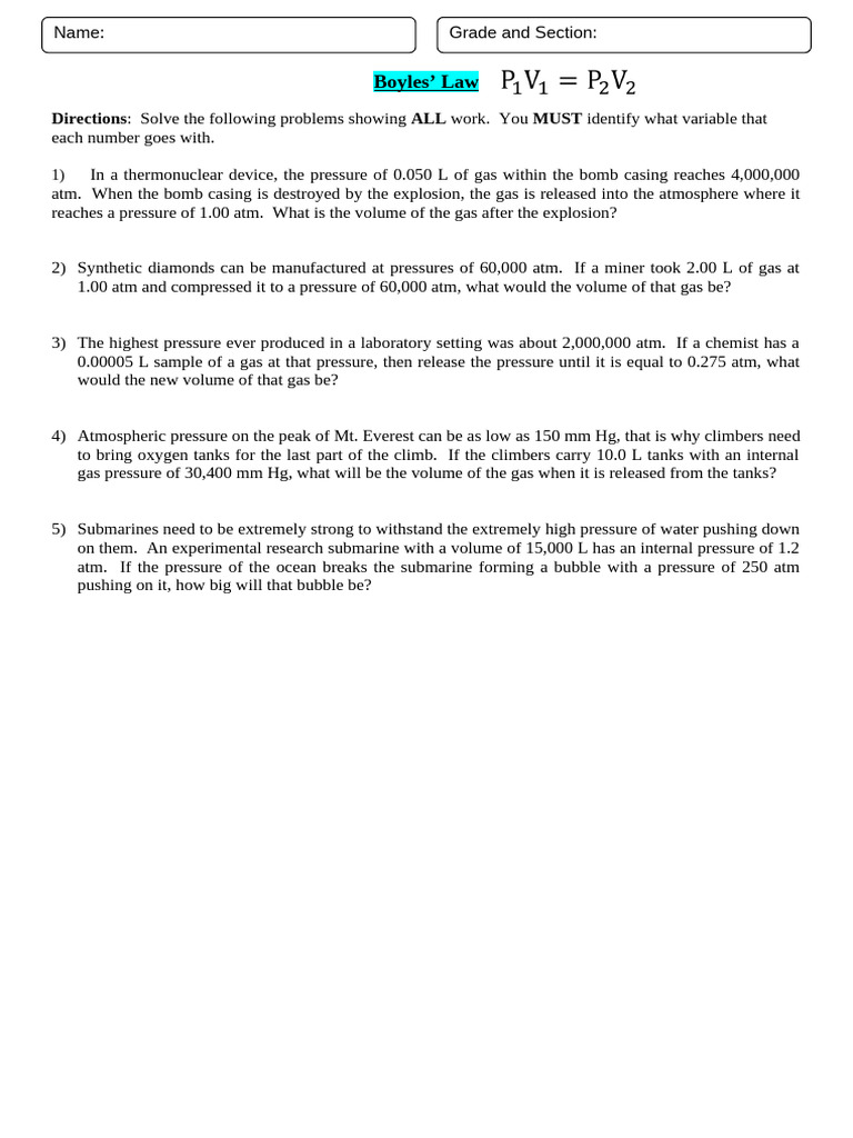 Charles and Boyles Practice | PDF | Gases | Pressure