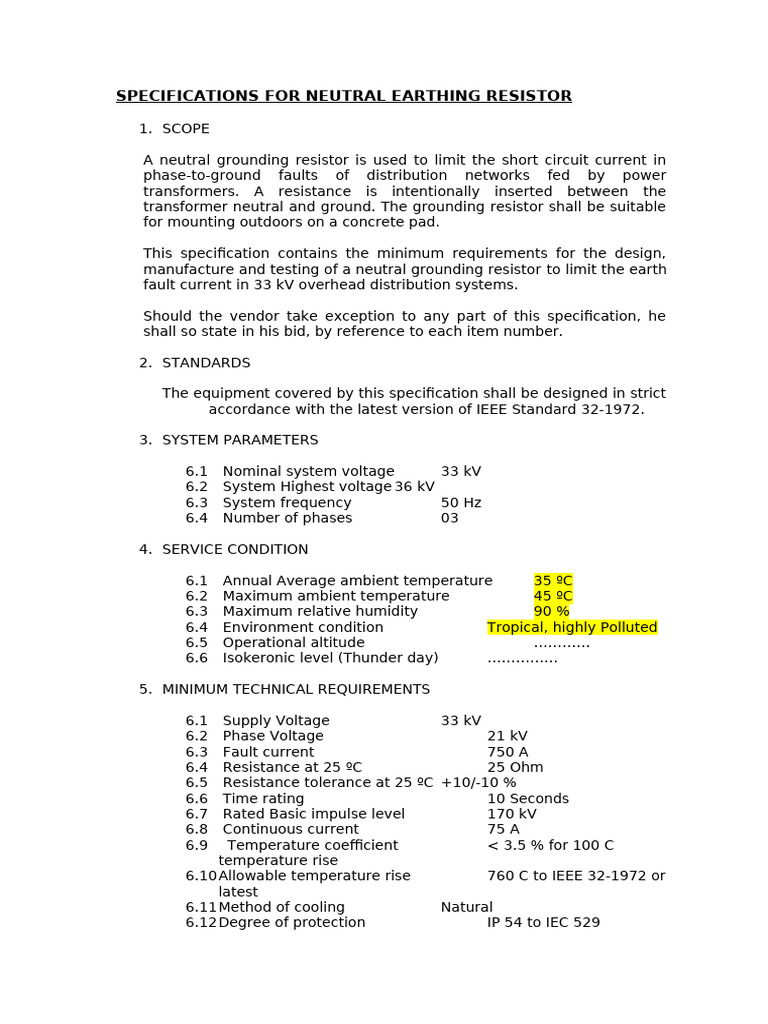 Spec For Neutral Grounding Resister | PDF | Resistor | Electrical Resistance And Conductance