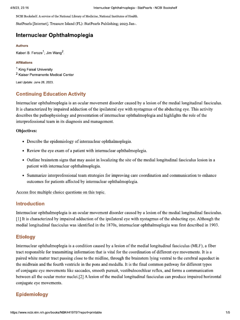 Internuclear Ophthalmoplegia | PDF
