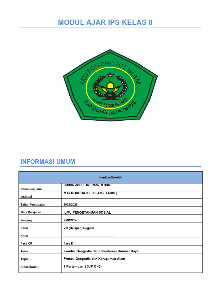 Modul Ajar IPS Kelas 8: Geografi dan Sumber Daya | PDF