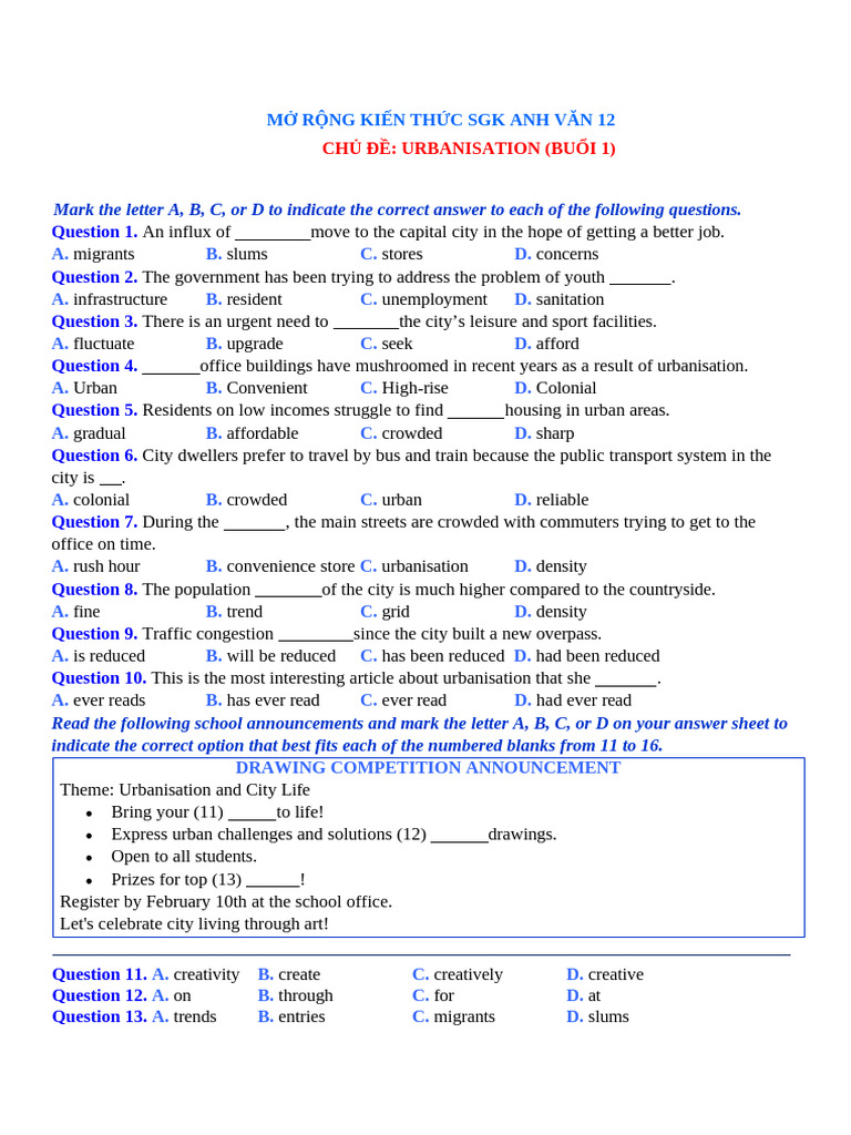 (HS) - MỞ RỘNG KIẾN THỨC SGK ANH VĂN 12 BUỔI 1 | PDF | Urbanization | Slum
