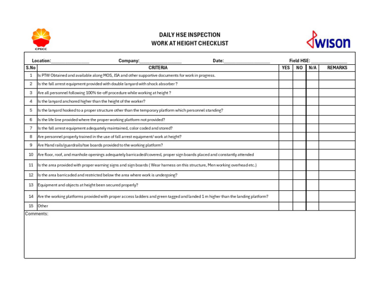 Work at Height Checklist-Field Safety | PDF