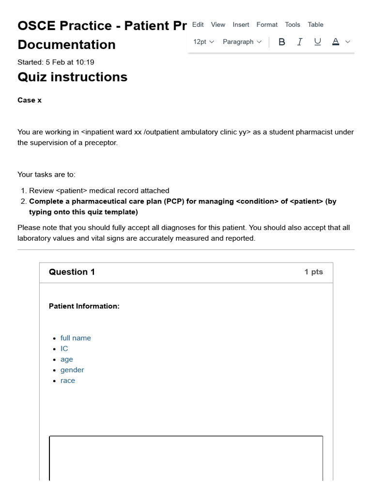 Quiz - OSCE Practice - Patient Presentation - SOAP Documentation | PDF | Patient | Public Services