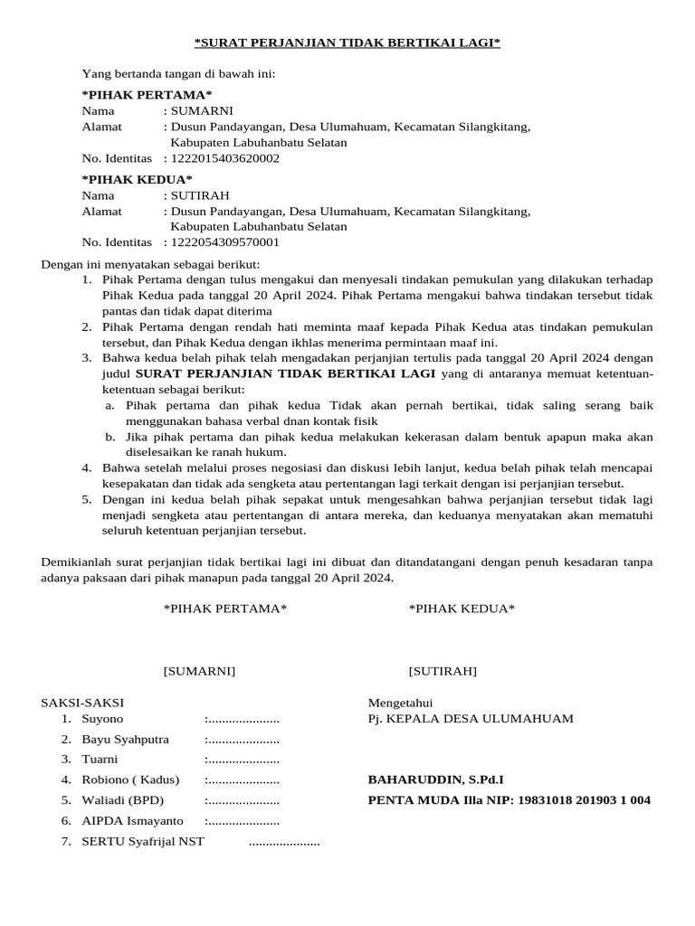 Surat Perjanjian Tidak Bertikai Lagi | PDF