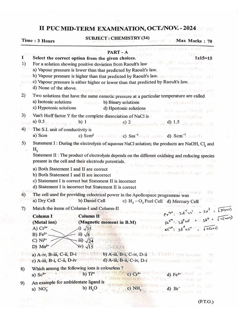 II PU Chemistry Bangalore North Midterm Question Paper and Solution | PDF