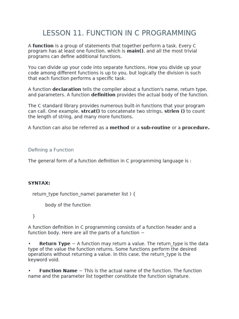 Function In C Programming Pdf Parameter Computer Programming Integer Computer Science