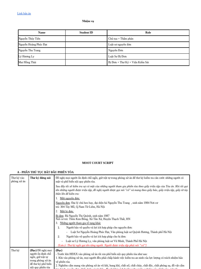 Kịch Bản Diễn Án Nhóm 1 Law102 | PDF