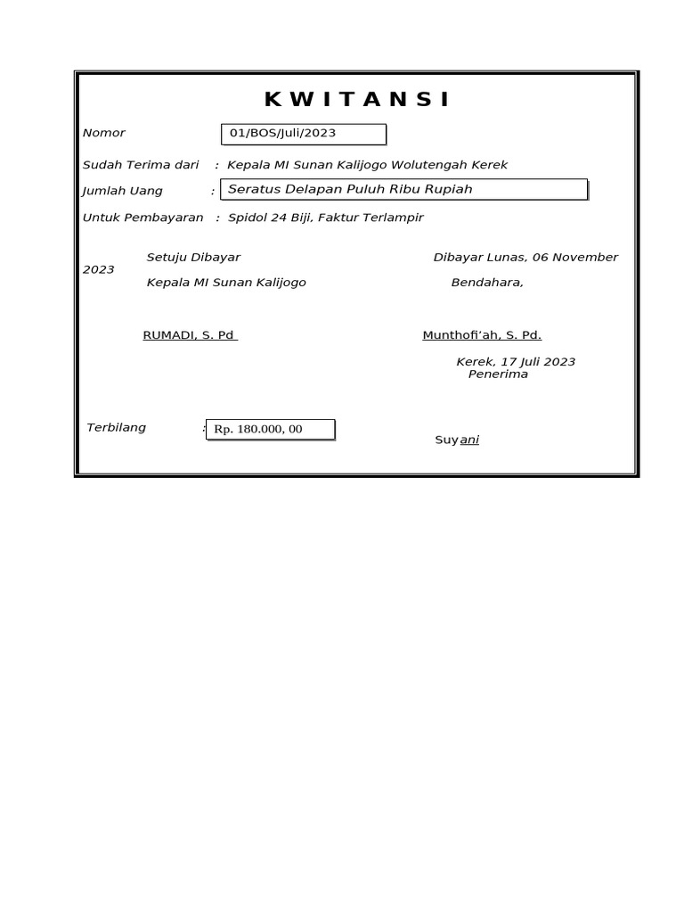 Kwitansi: Seratus Delapan Puluh Ribu Rupiah | PDF