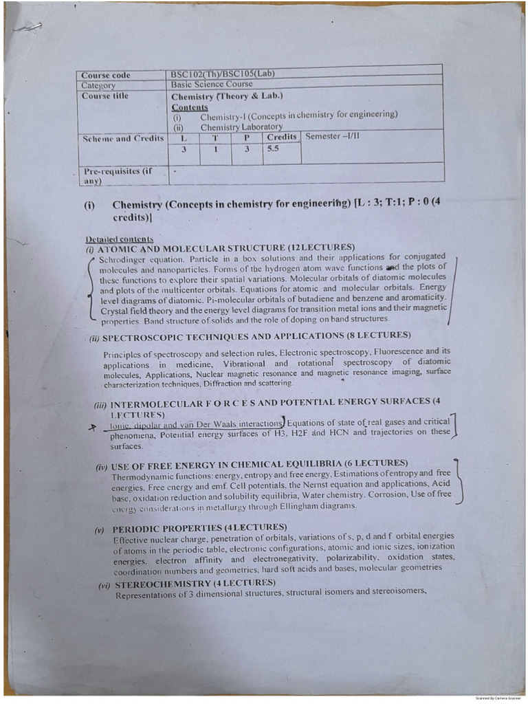 Chemistry Syllabus - BSC 102 | PDF