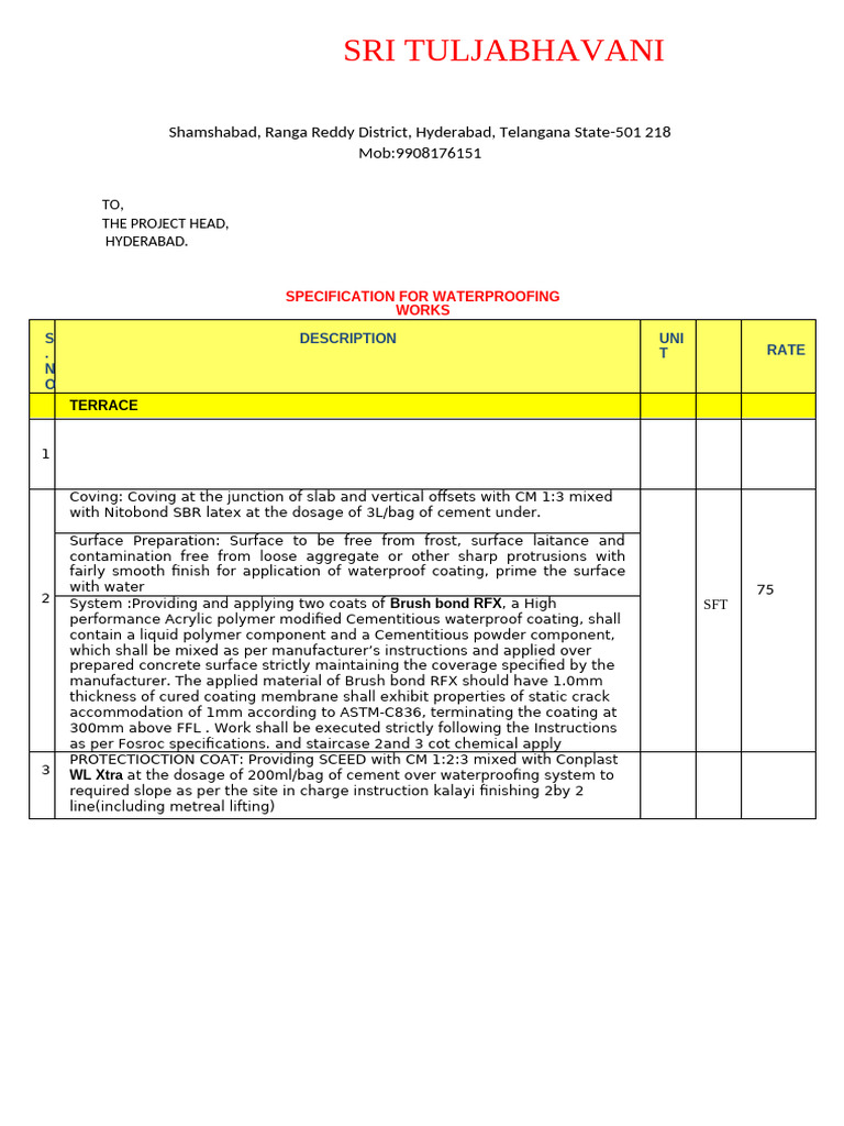 Tuja Bhavani - Waterproofing Quotation 14.09.24 | PDF