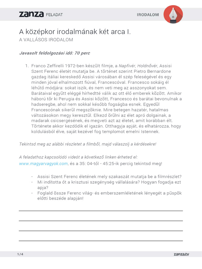 14 Irodalom Feladatlap 1 | PDF