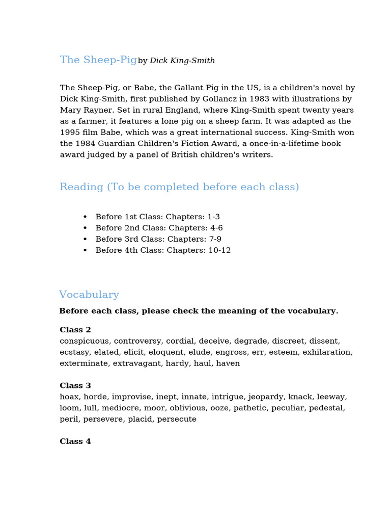 The Sheep-Pig: Class Reading Guide | PDF