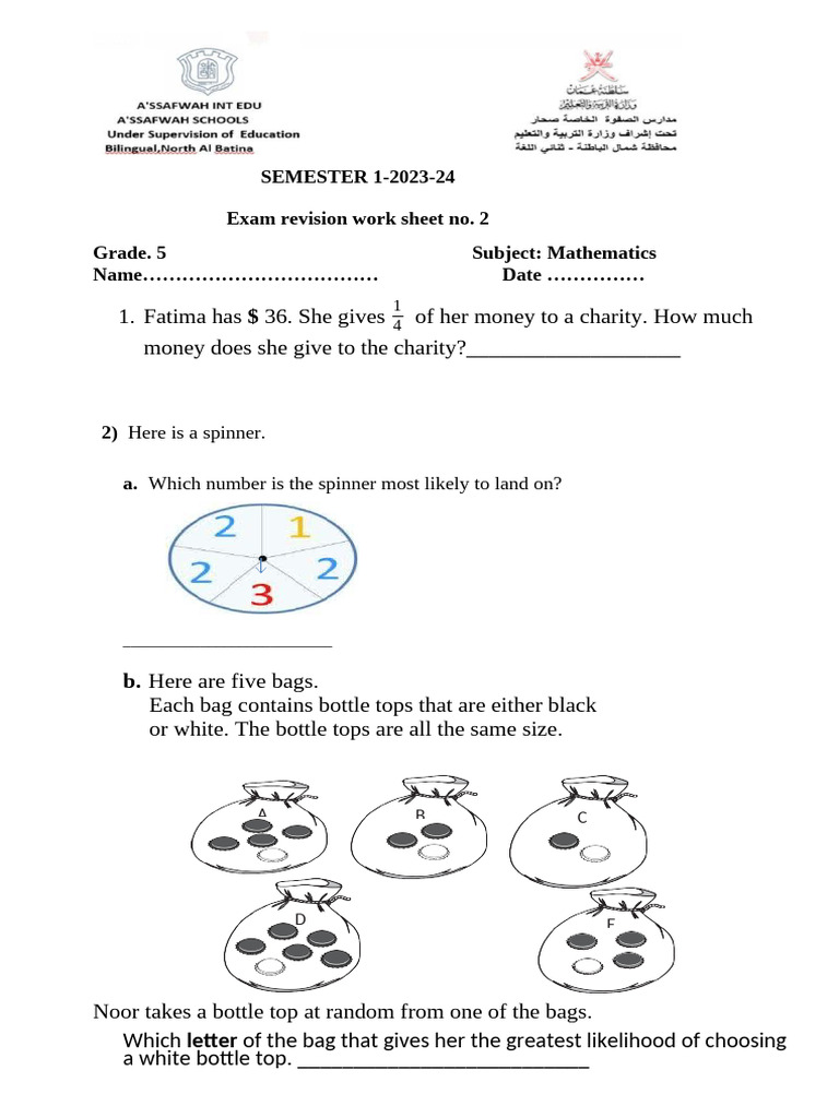 Exam Revision Work Sheet No. 2 Math GR 5 PDF | PDF | Mathematics