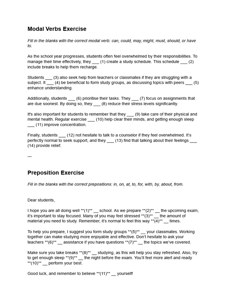 Modal Verbs, Prepositions, Tenses, Adjectives & Adverbs Exercises | PDF ...