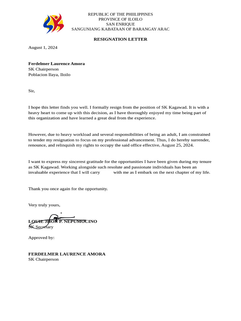 SK Kagawad Resignation Letter Sample | PDF