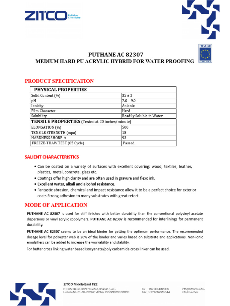 Zitco Puthane Ac 82307 TDS | PDF | Materials | Chemical Substances