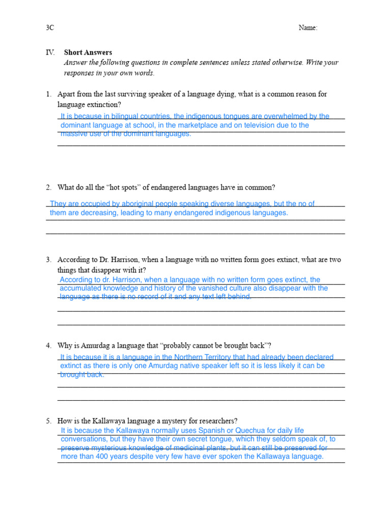 3C Reading Comprehension (SE) Short Answer Questions | PDF | Spanish ...