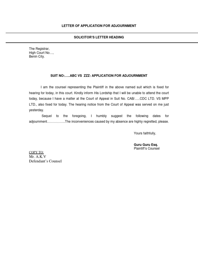 Letter of Application For Adjournment | PDF