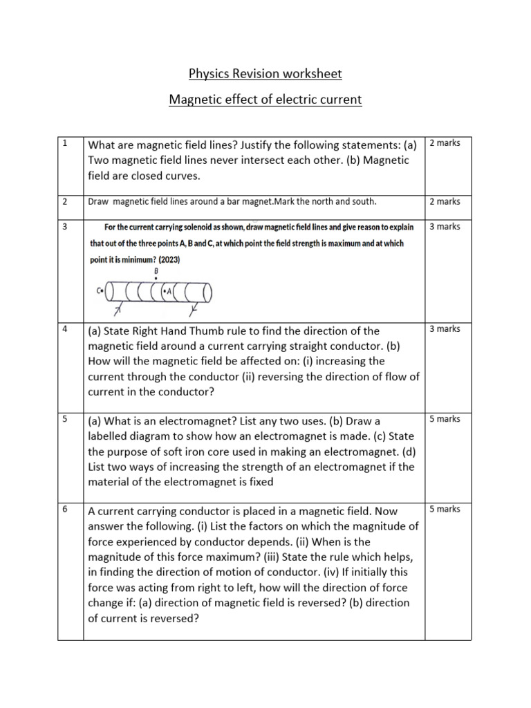 Magnetic Effects of Electric Current Worksheet | PDF | Magnetic Field ...