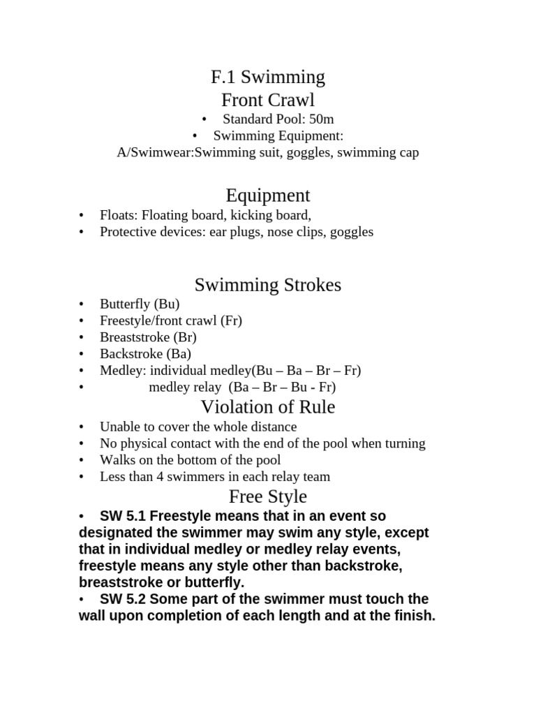 Swimming F1 | PDF | Swimming (Sport) | Athletic Sports