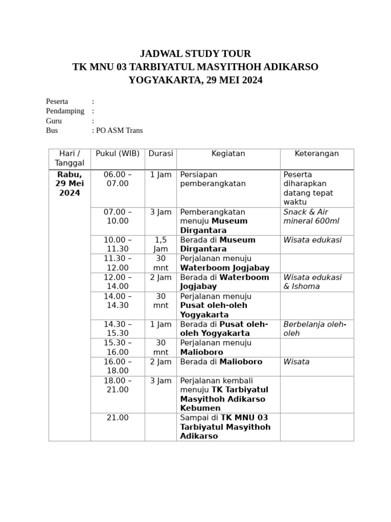 Jadwal Study Tour | PDF