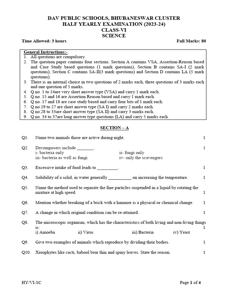 Assignment - HY VI SC QP 2023-24 | PDF | Vitamin | Mixture