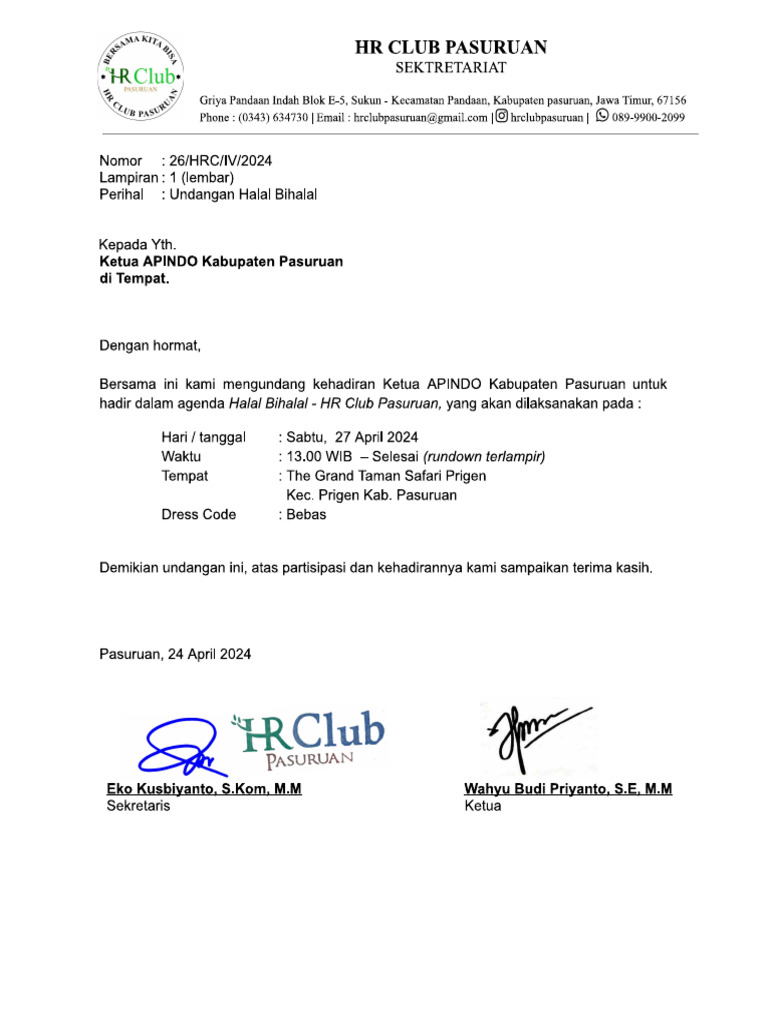 Surat Undangan HalBil HRC - APINDO Pasuruan | PDF