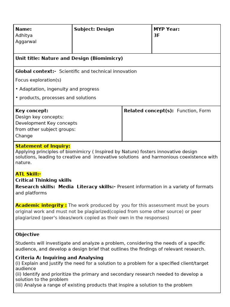 MYP3 Design Criterion A Tasksheet | PDF | Methodology | Human Communication