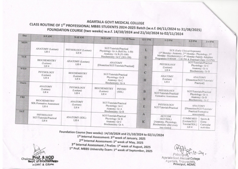 Class Routine For 1st Professional MBBS Students 2024-2025 BATCH | PDF