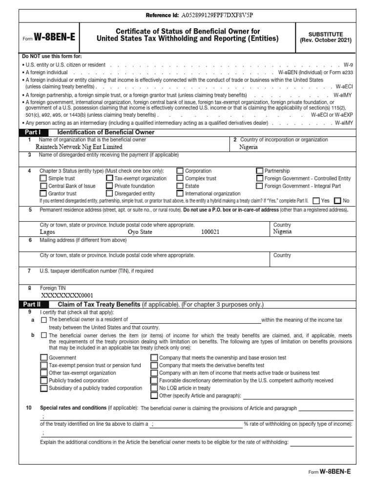 W-8BEN-E Form for Entity Tax Status | PDF | Tax Exemption | Tax Treaty
