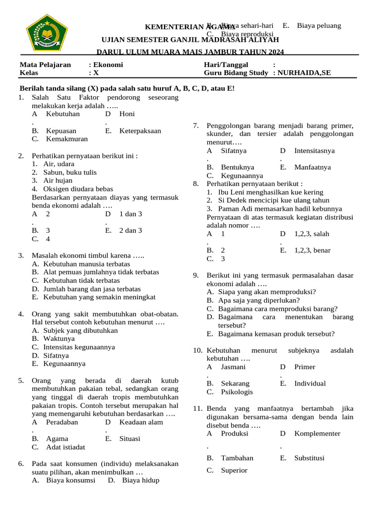 Soal Ekonomi Kelas X | PDF