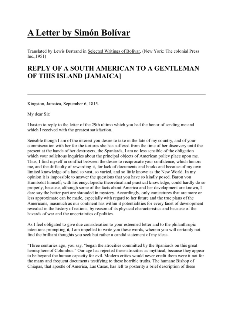 A Letter by Simón Bolívar. Letter of Jamaica | PDF | Republic | Tyrant
