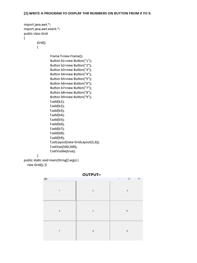 .Write A Program To Display THR Numbers On Button From 0 To 9 | PDF