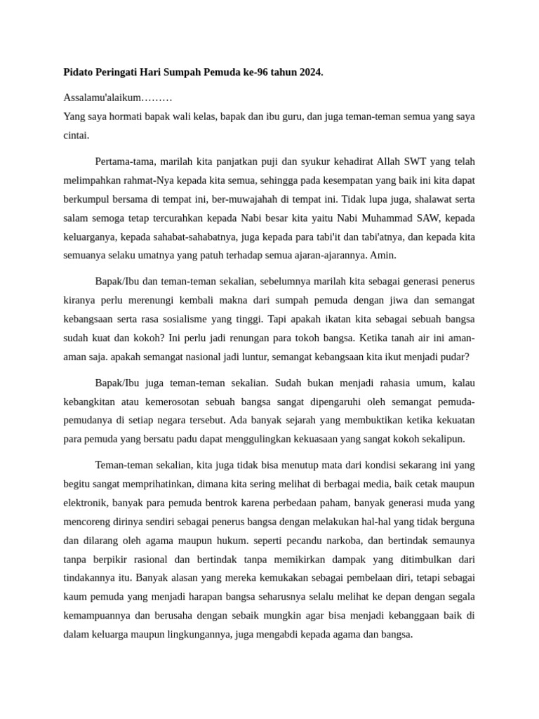 Pidato Peringati Hari Sumpah Pemuda Ke | PDF