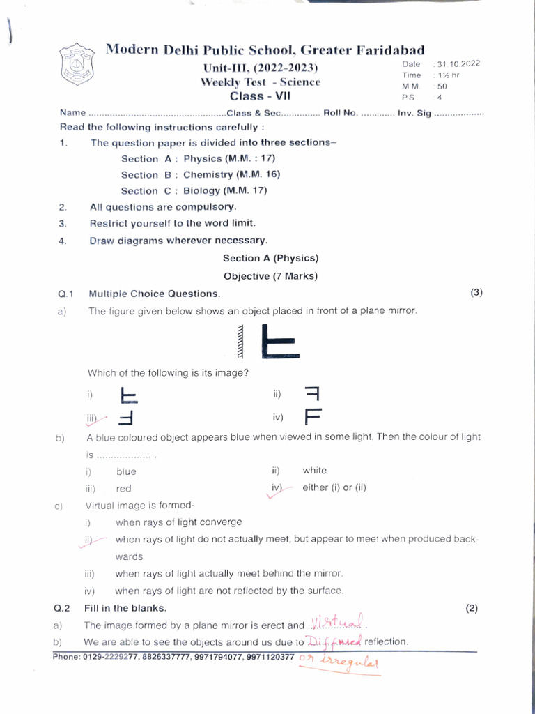 Class 7 UT 3 PYP | PDF | Mirror | Reflection (Physics)