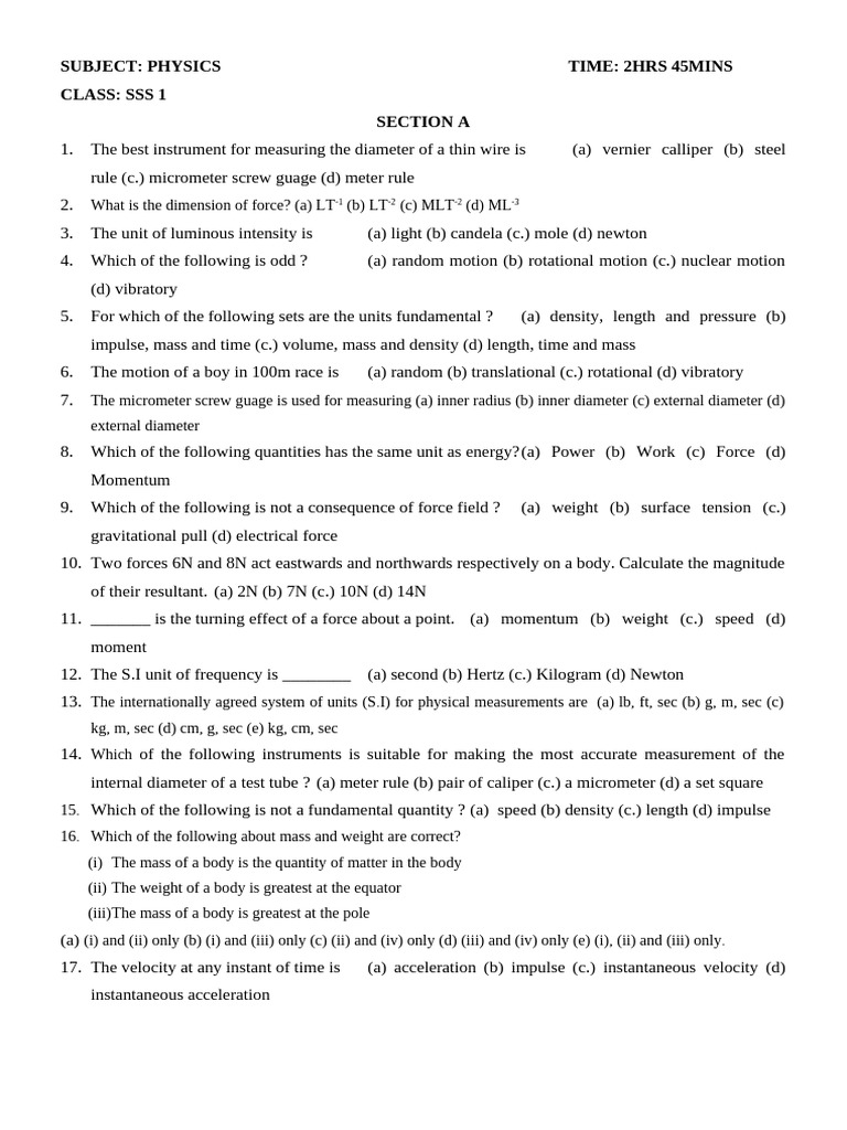 (SSS 1 Physics) .Docx (Second Term) | PDF | Force | Mass