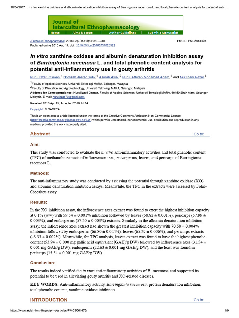 Antiinflammation Albumin Denaturation Inhibition Assay of Barringtonia ...